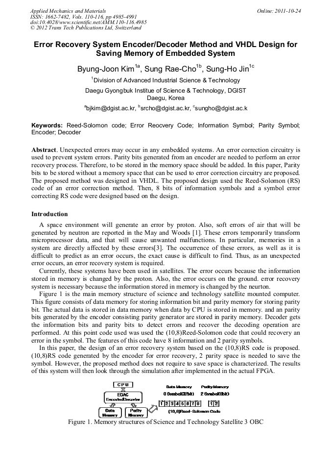 Error Recovery System Encoder/Decoder Method and VHDL Design for Saving ...