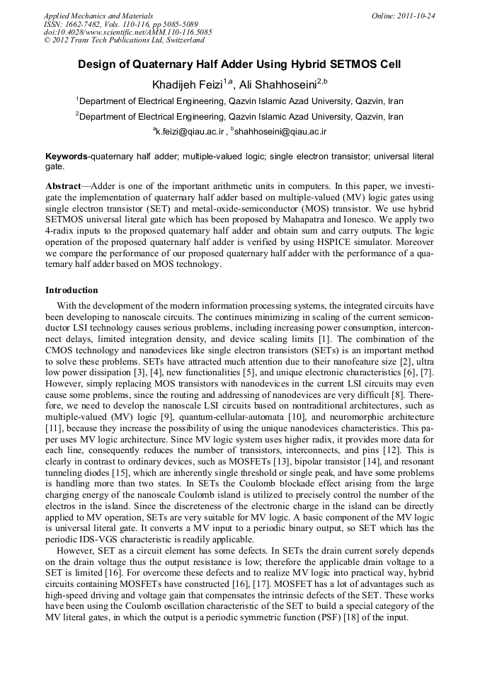 Design of Quaternary Half Adder Using Hybrid SETMOS Cell | Scientific.Net