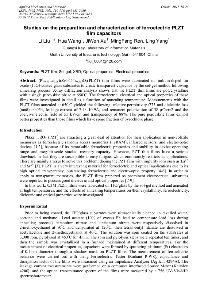 Studies on the Preparation and Characterization of Ferroelectric PLZT ...