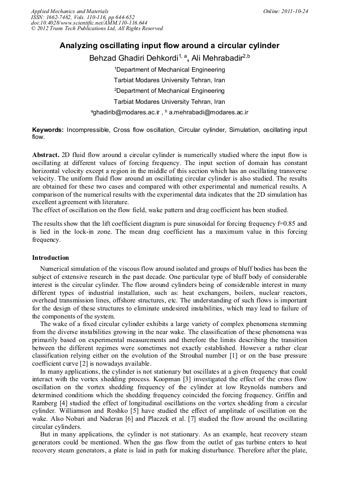 Analyzing Oscillating Input Flow around a Circular Cylinder ...