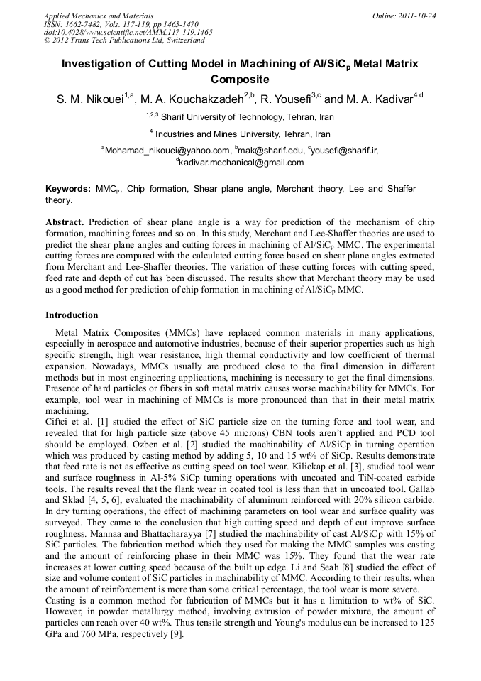Investigation of Cutting Model in Machining of Al/SiCp Metal Matrix ...