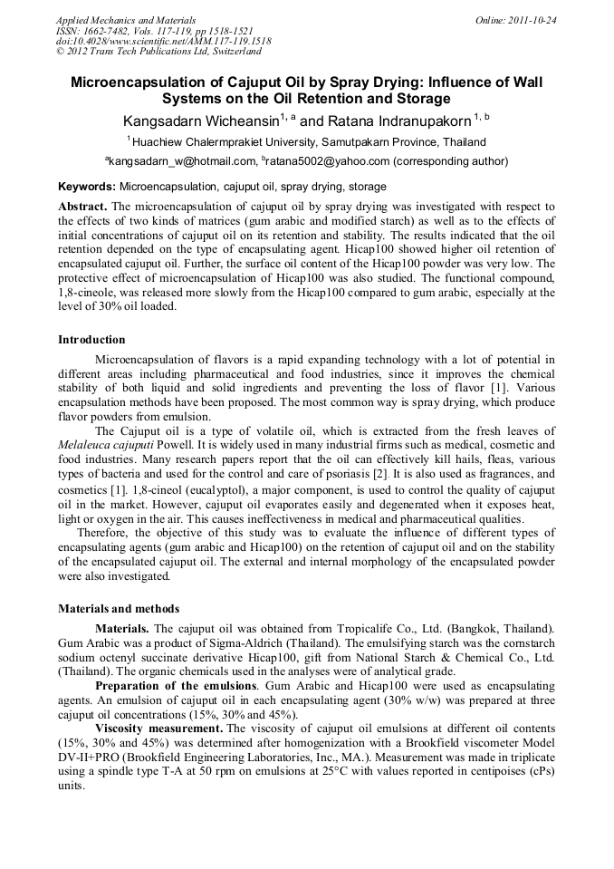 Microencapsulation of Cajuput Oil by Spray Drying: Influence of Wall ...