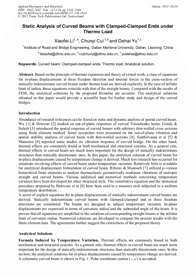 Static Analysis of Curved Beams with Clamped-Clamped Ends under Thermo ...