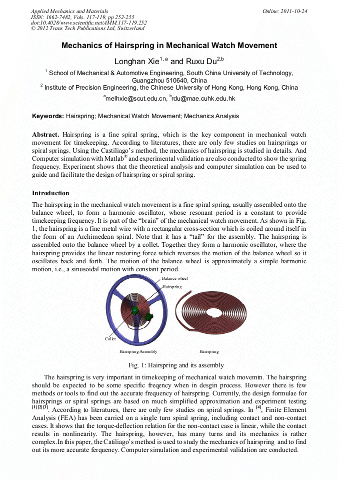 Mechanics of Hairspring in Mehanical Watch Movement | Scientific.Net