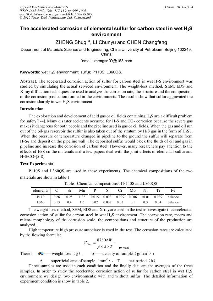 The Accelerated Corrosion of Elemental Sulfur for Carbon Steel in Wet ...