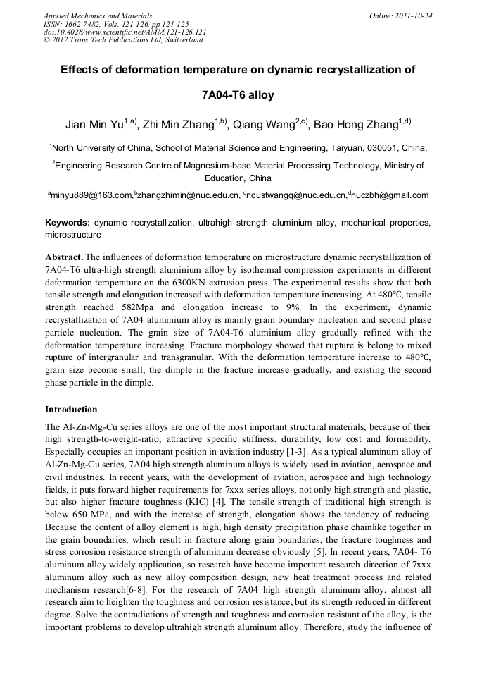 Effects of Deformation Temperature on Dynamic Recrystallization of 7A04-T6 Alloy | Scientific.Net