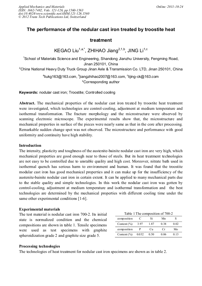 The Performance of the Nodular Cast Iron Treated by Troostite Heat ...