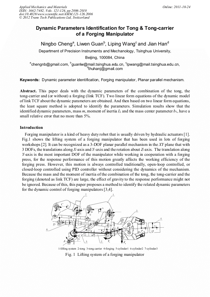 Dynamic Parameters Identification for Tong & Tong-Carrier of a Forging ...