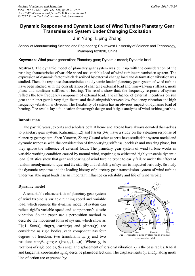 Dynamic Response and Dynamic Load of Wind Turbine Planetary Gear Transmission System Under ...