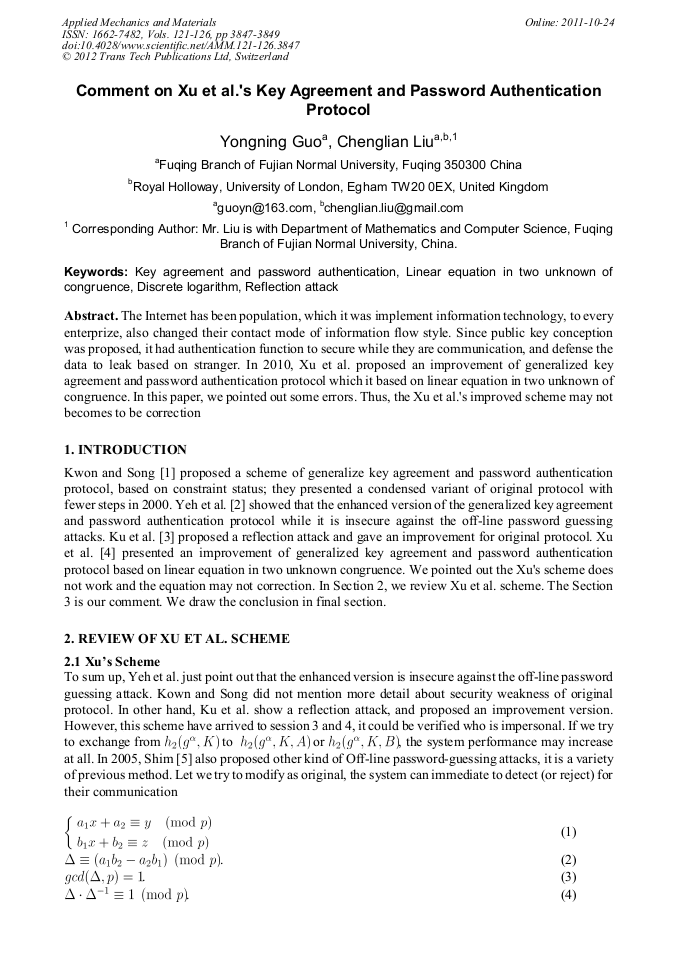 Comment on Xu et al.'s Key Agreement and Password Authentication ...