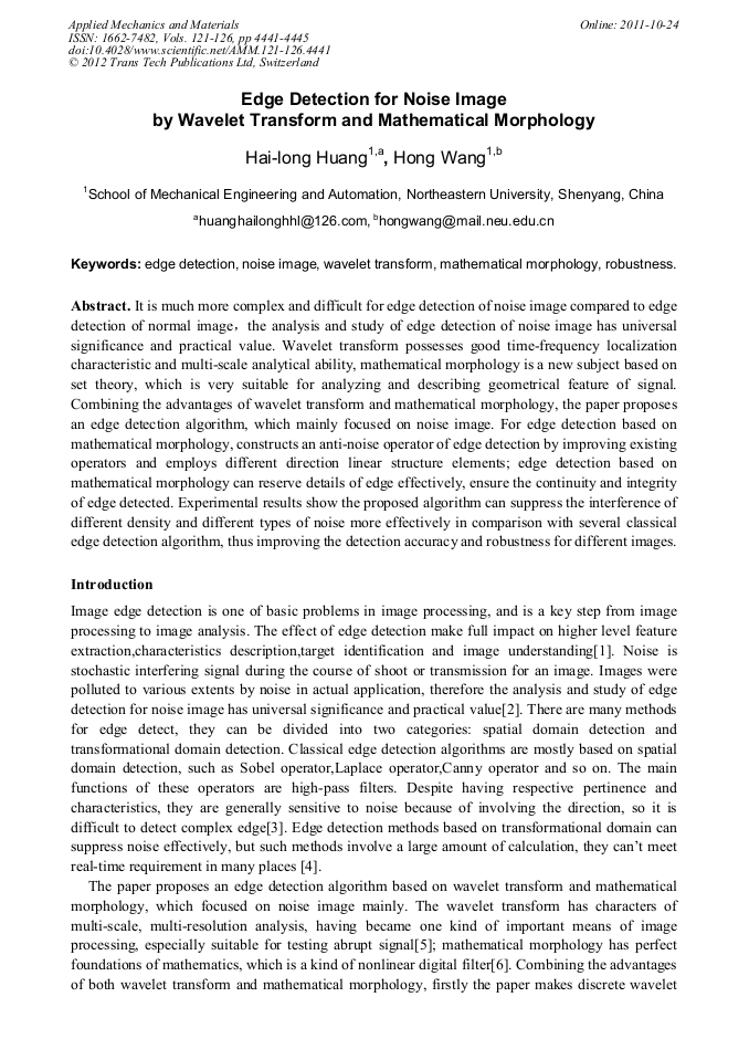 Edge Detection for Noise Image by Wavelet Transform and Mathematical Morphology | Scientific.Net