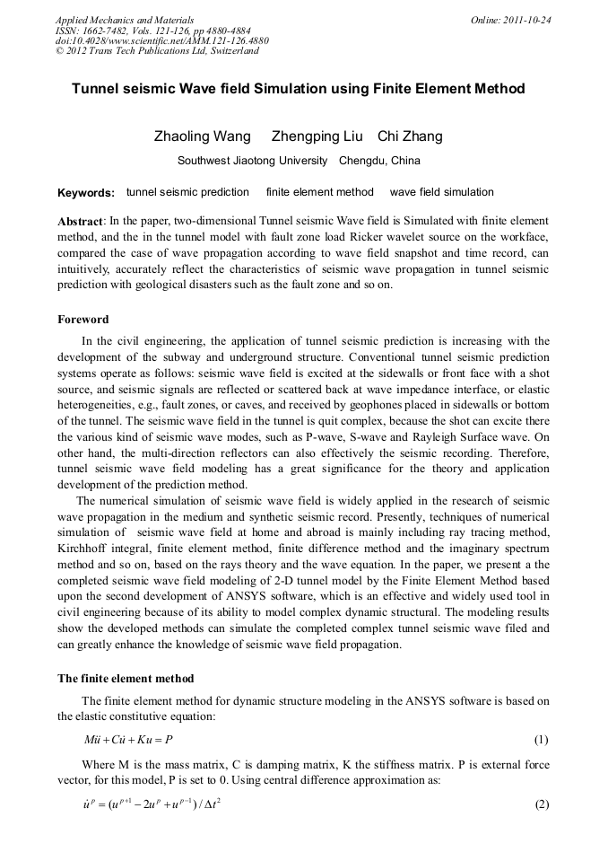 Tunnel Seismic Wave Field Simulation Using Finite Element Method | Scientific.Net