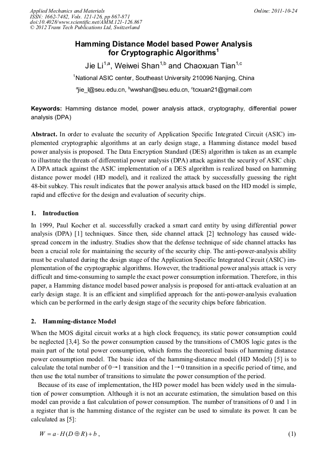 Hamming Distance Model Based Power Analysis for Cryptographic ...