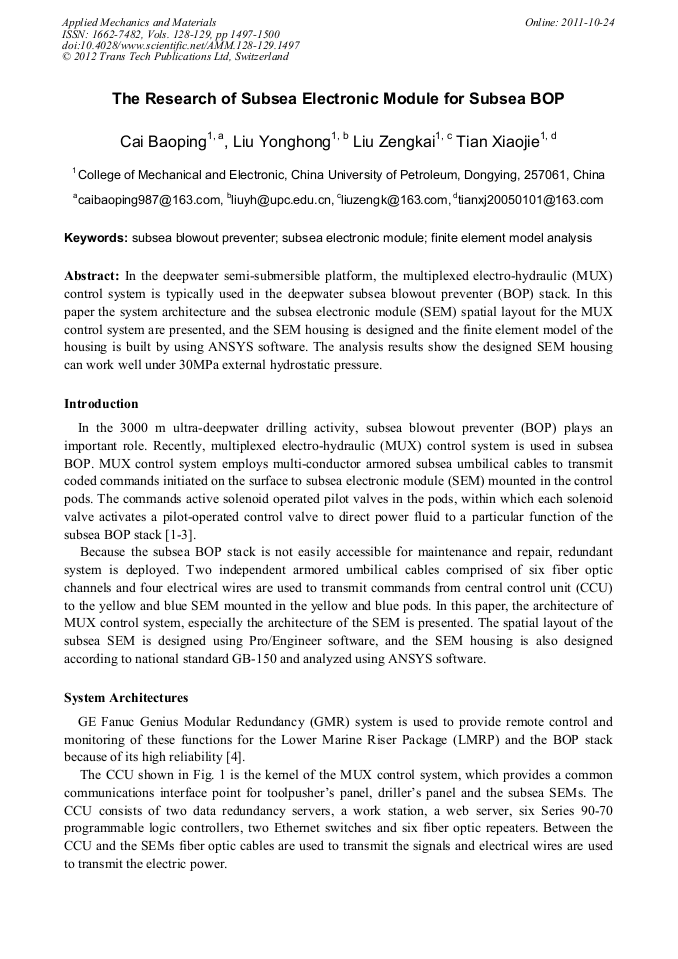 The Research of Subsea Electronic Module for Subsea BOP | Scientific.Net
