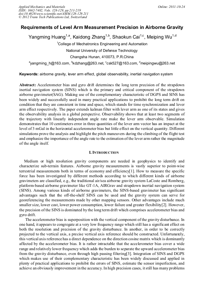 Requirements of Level Arm Measurement Precision in Airborne Gravity ...