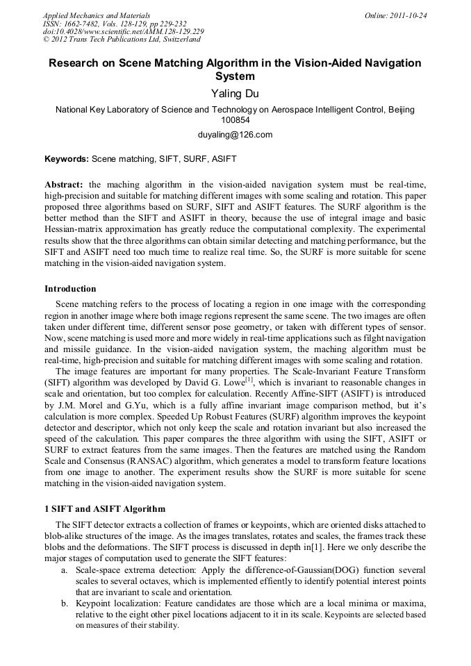 Research on Scene Matching Algorithm in the Vision-Aided Navigation ...