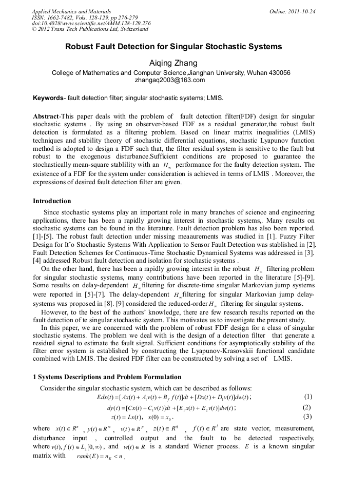Robust Fault Detection for Singular Stochastic Systems | Scientific.Net