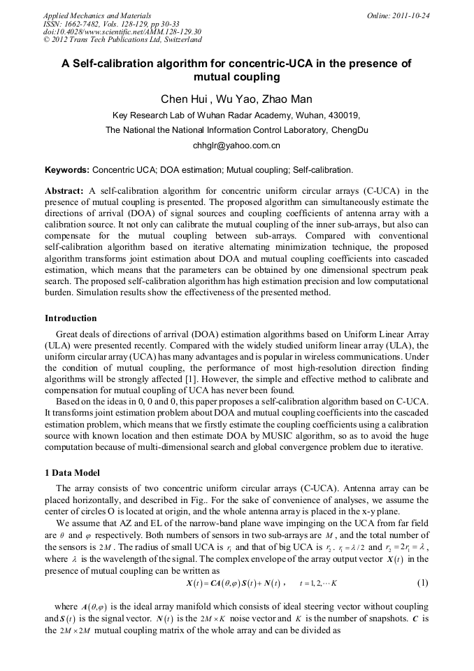 A Self-Calibration Algorithm for Concentric-UCA in the Presence of Mutual Coupling | Scientific.Net