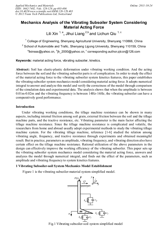 Mechanics Analysis of the Vibrating Subsoiler System Considering ...