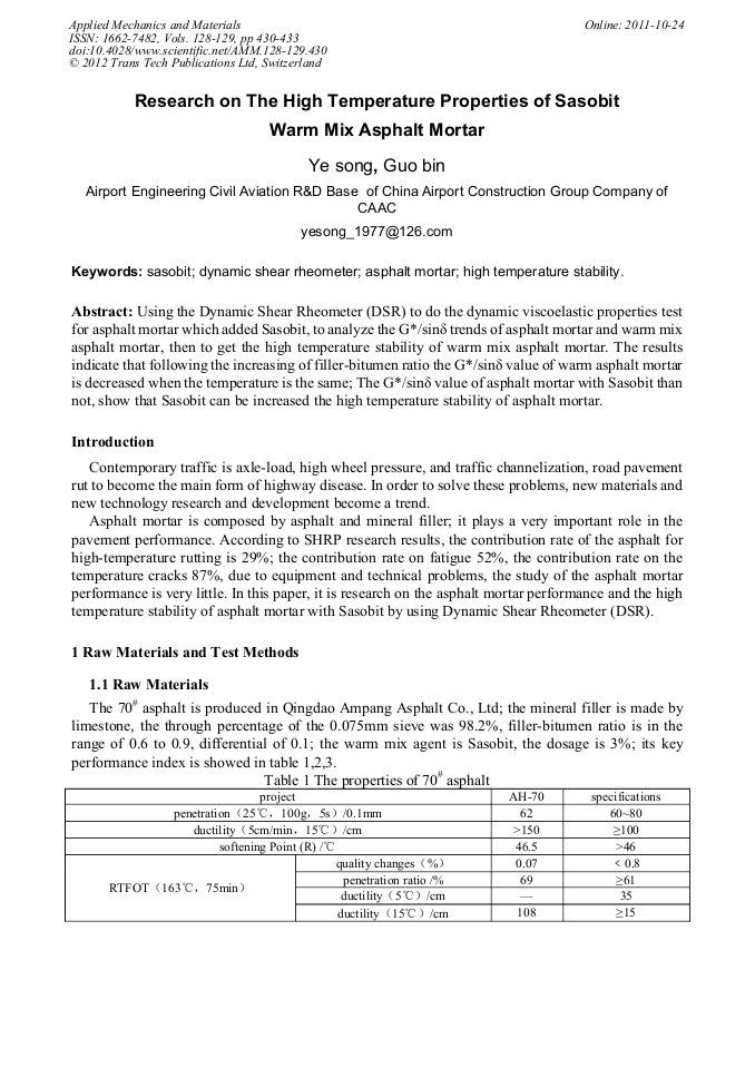 Research on the High Temperature Properties of Sasobit Warm Mix Asphalt ...