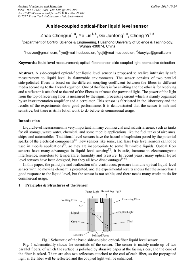 A Side-Coupled Optical-Fiber Liquid Level Sensor | Scientific.Net