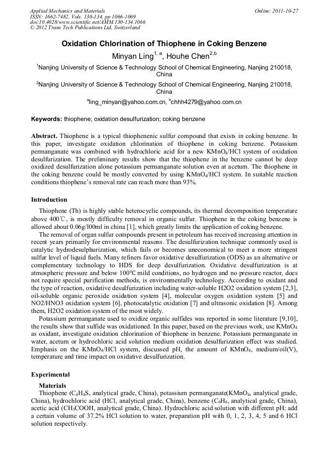 Oxidation Chlorination of Thiophene in Coking Benzene | Scientific.Net