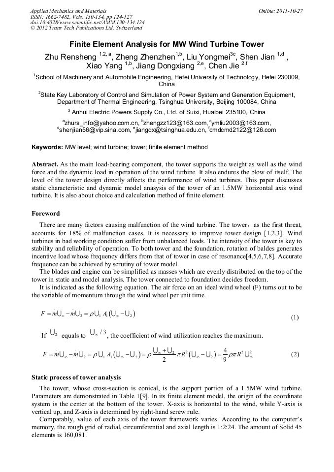 Finite Element Analysis for MW Wind Turbine Tower | Scientific.Net