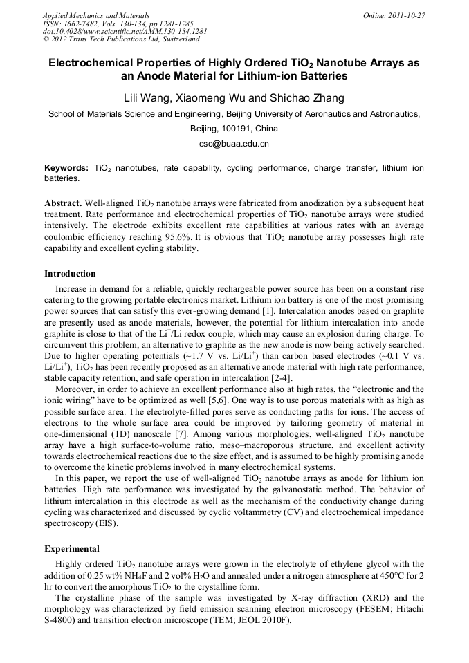 Electrochemical Properties of Highly Ordered TiO2 Nanotube Arrays as an ...