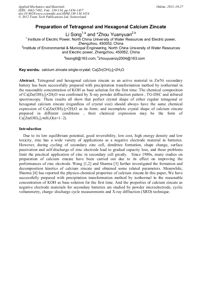 Preparation of Tetragonal and Hexagonal Calcium Zincate | Scientific.Net