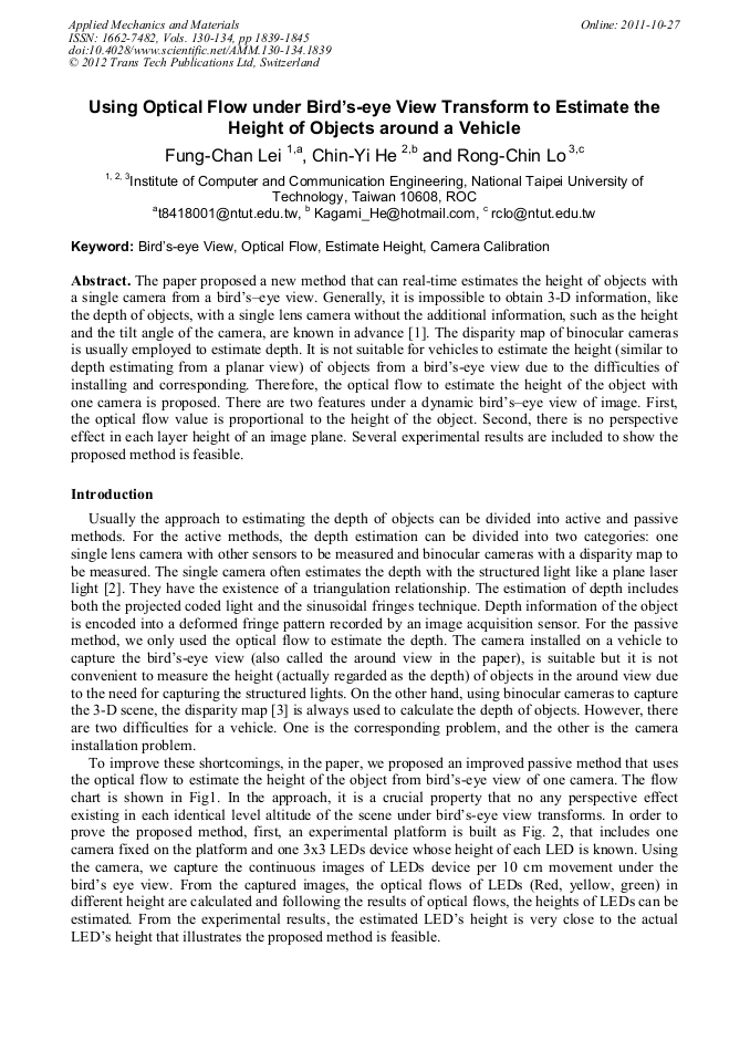 Using Optical Flow under Bird’s-Eye View Transform to Estimate the ...