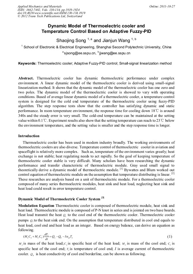 Dynamic Model of Thermoelectric Cooler and Temperature Control Based on ...