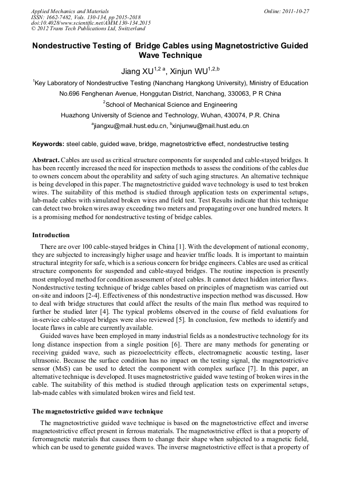Nondestructive Testing Of Bridge Cables Using Magnetostrictive Guided