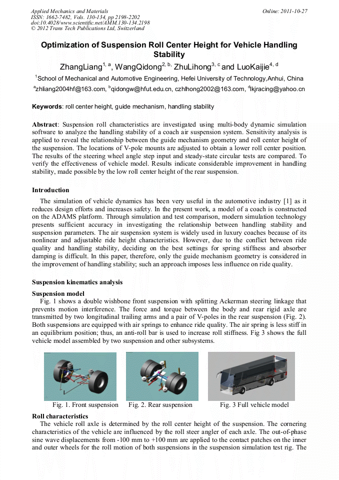 Optimization of Suspension Roll Center Height for Vehicle Handling ...
