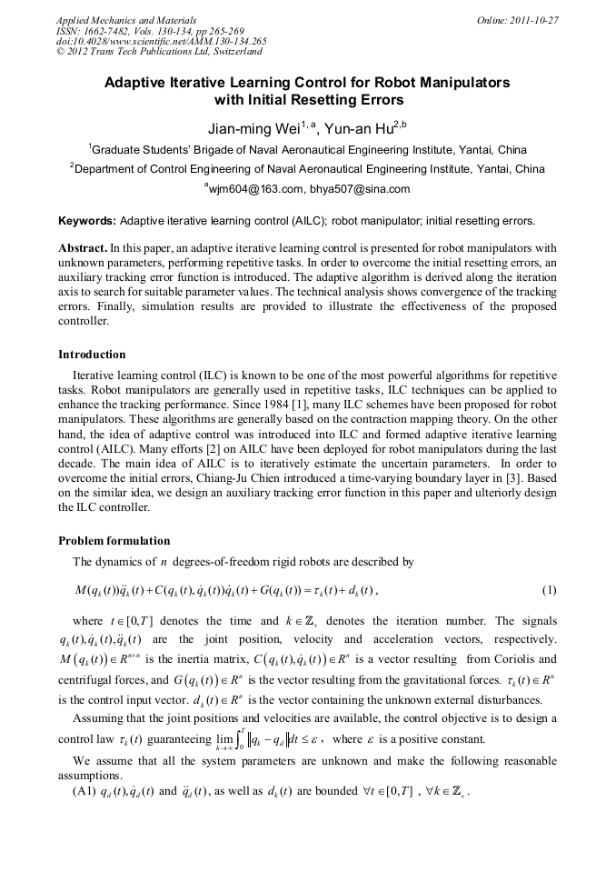 Adaptive Iterative Learning Control for Robot Manipulators with Initial Resetting Errors ...