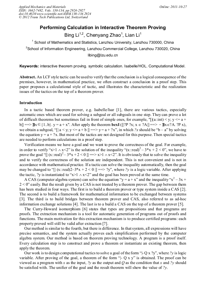 Performing Calculation in Interactive Theorem Proving | Scientific.Net