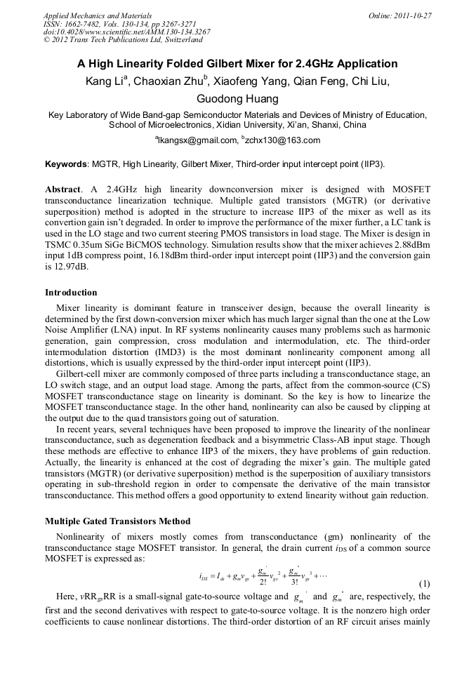 A High Linearity Folded Gilbert Mixer for 2.4GHz Application ...