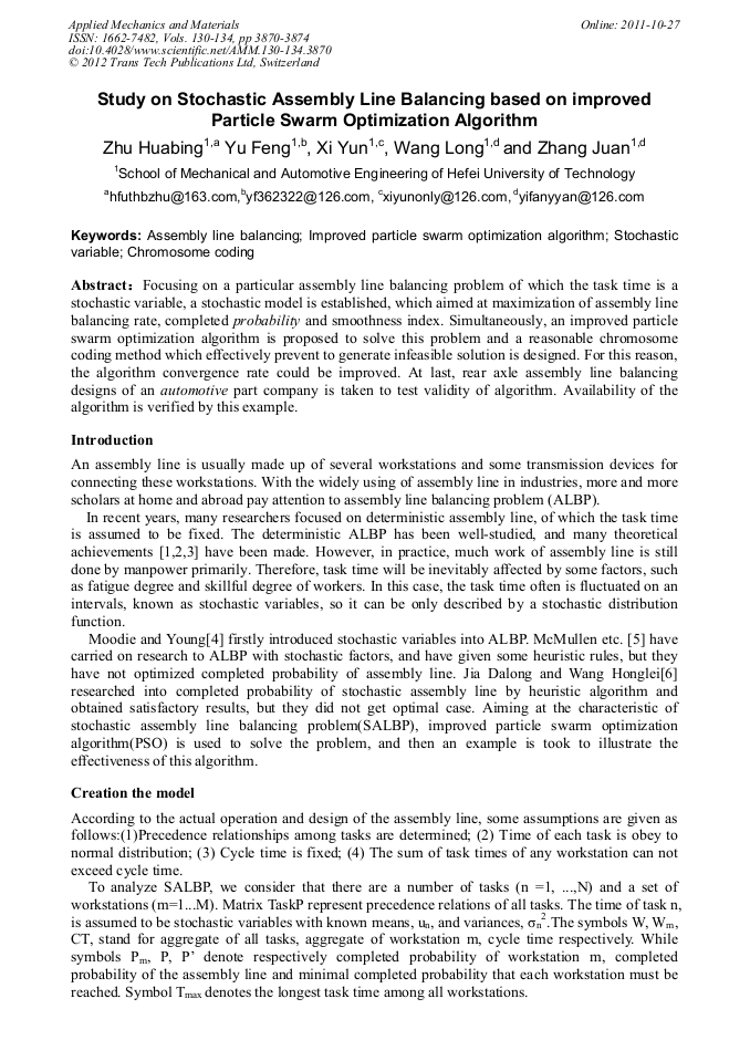 Study on Stochastic Assembly Line Balancing Based on Improved Particle Swarm Optimization ...