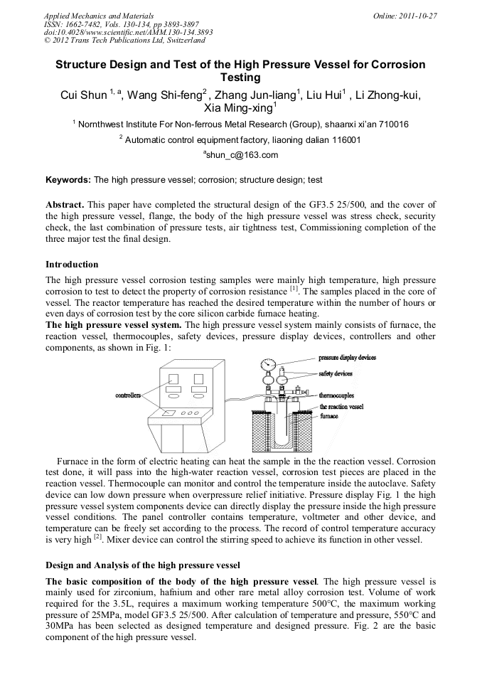 Structure Design and Test of the High Pressure Vessel for Corrosion ...