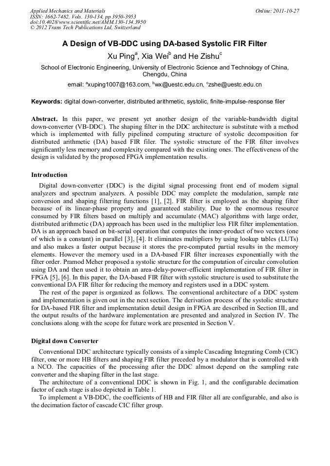 A Design of VB-DDC Using DA-Based Systolic FIR Filter | Scientific.Net