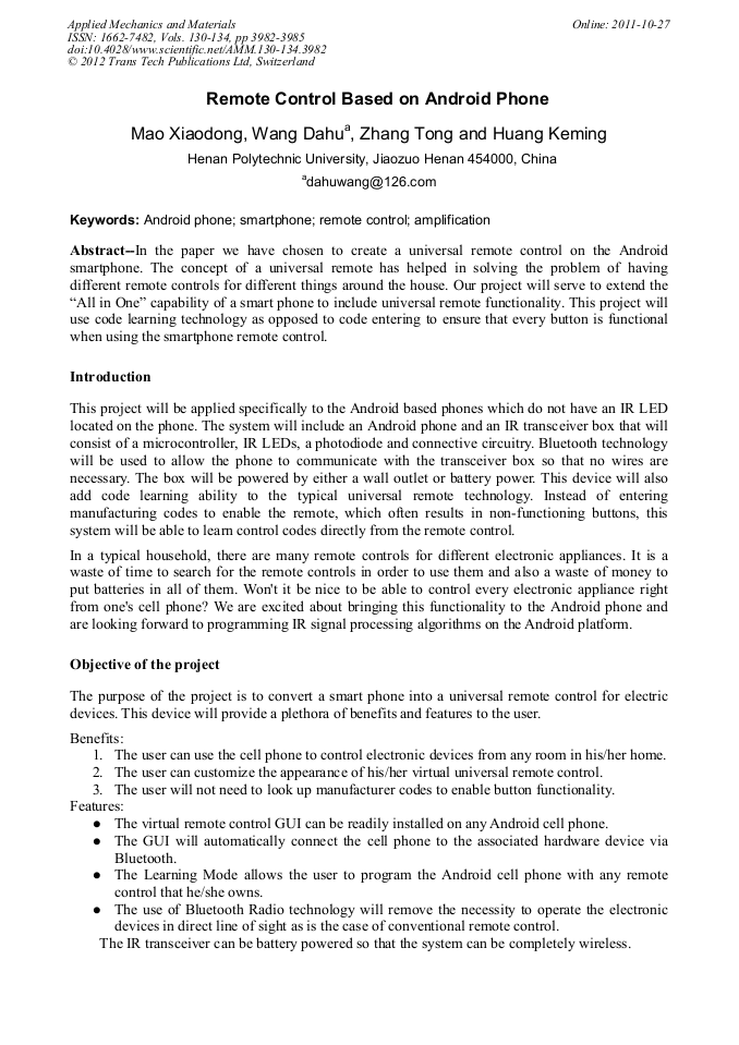 Remote Control Based on Android Phone | Scientific.Net