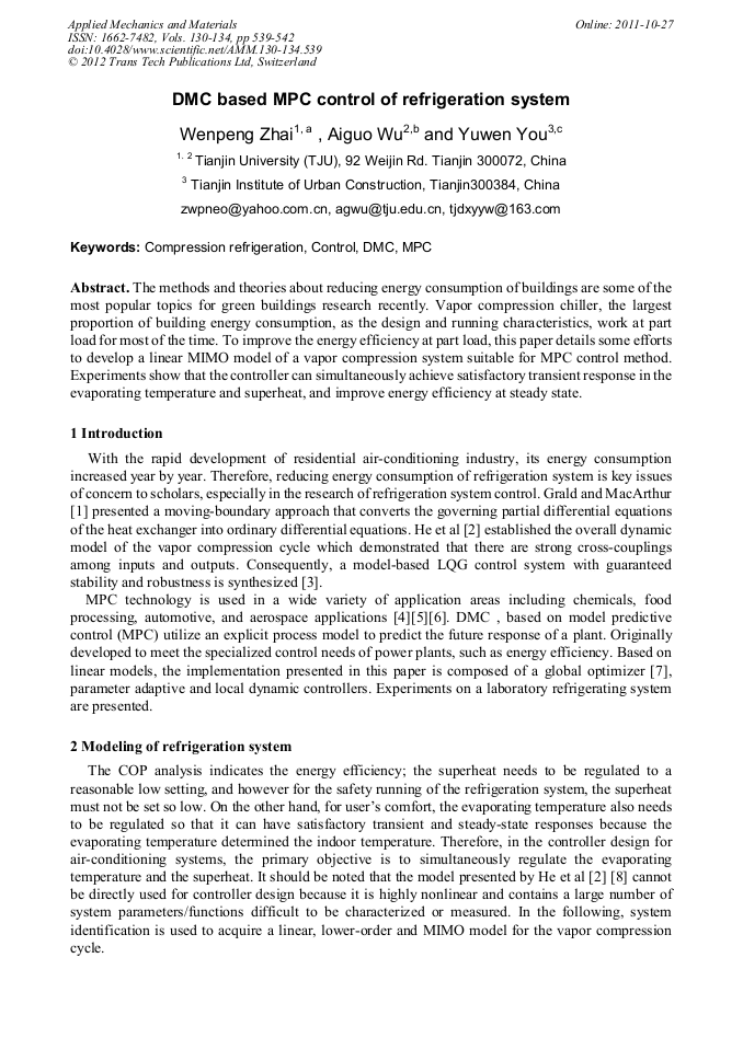 DMC Based MPC Control of Refrigeration System | Scientific.Net