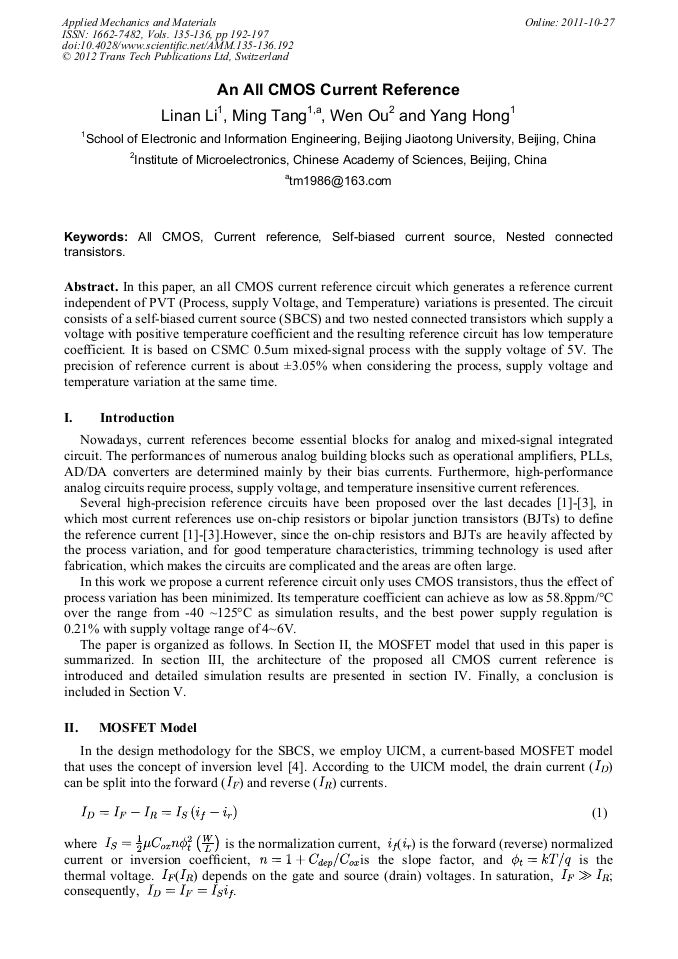 An All CMOS Current Reference | Scientific.Net