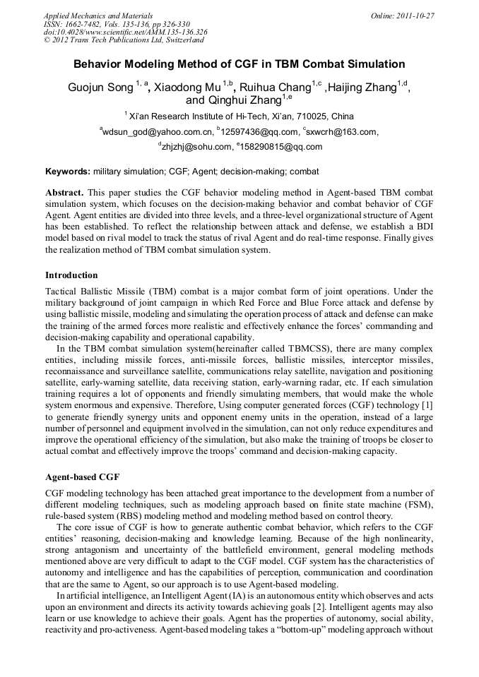 Behavior Modeling Method of CGF in TBM Combat Simulation | Scientific.Net