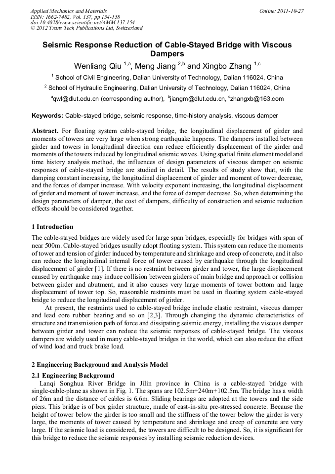 Seismic Response Reduction of Cable-Stayed Bridge with Viscous Dampers ...
