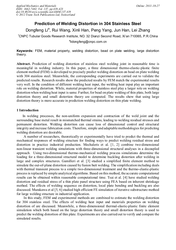 Prediction of Welding Distortion in 304 Stainless Steel | Scientific.Net