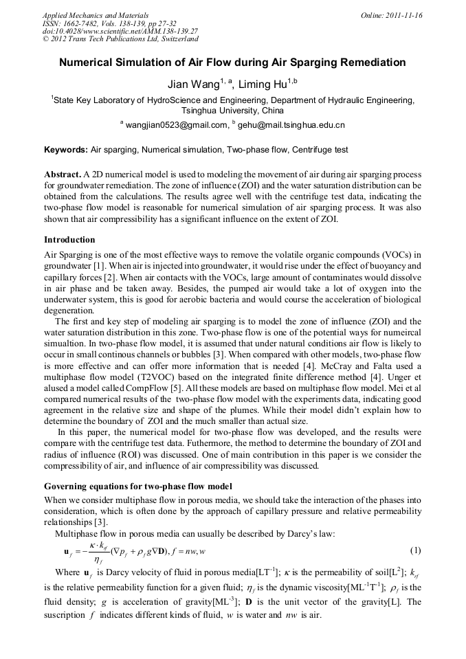 Numerical Simulation of Air Flow during Air Sparging Remediation ...