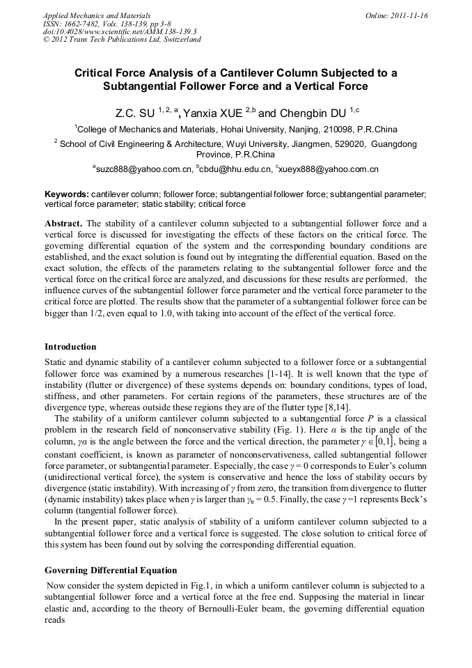Critical Force Analysis of a Cantilever Column Subjected to a ...