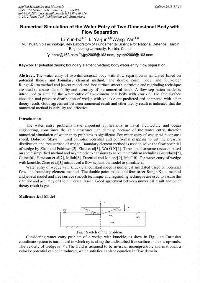Numerical Simulation of the Water Entry of Two-Dimensional Body with Flow Separation ...