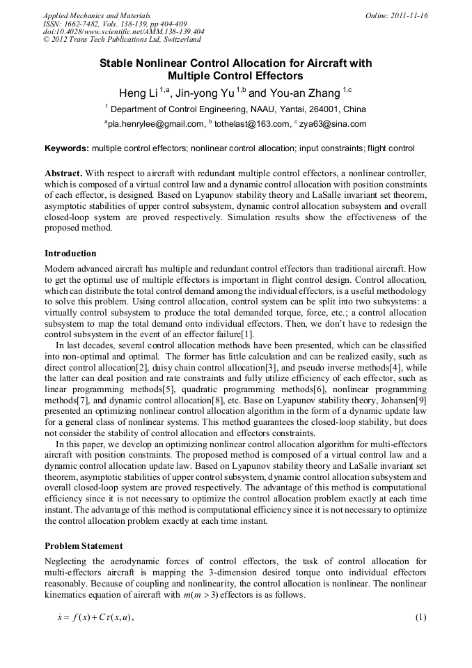 Stable Nonlinear Control Allocation for Aircraft with Multiple Control ...