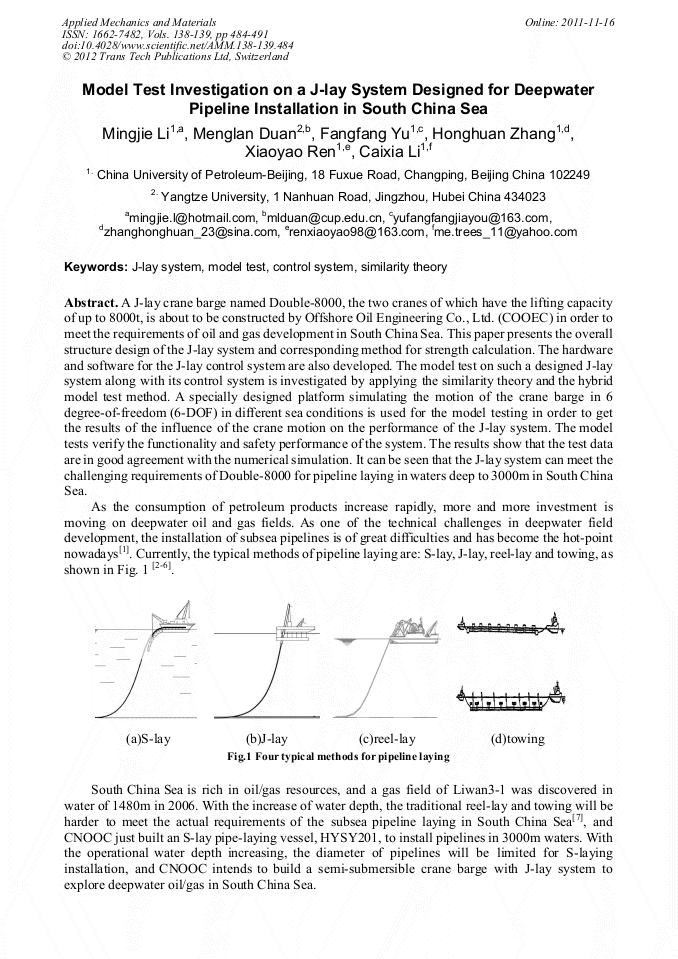 Model Test Investigation on a J-Lay System Designed for Deepwater ...